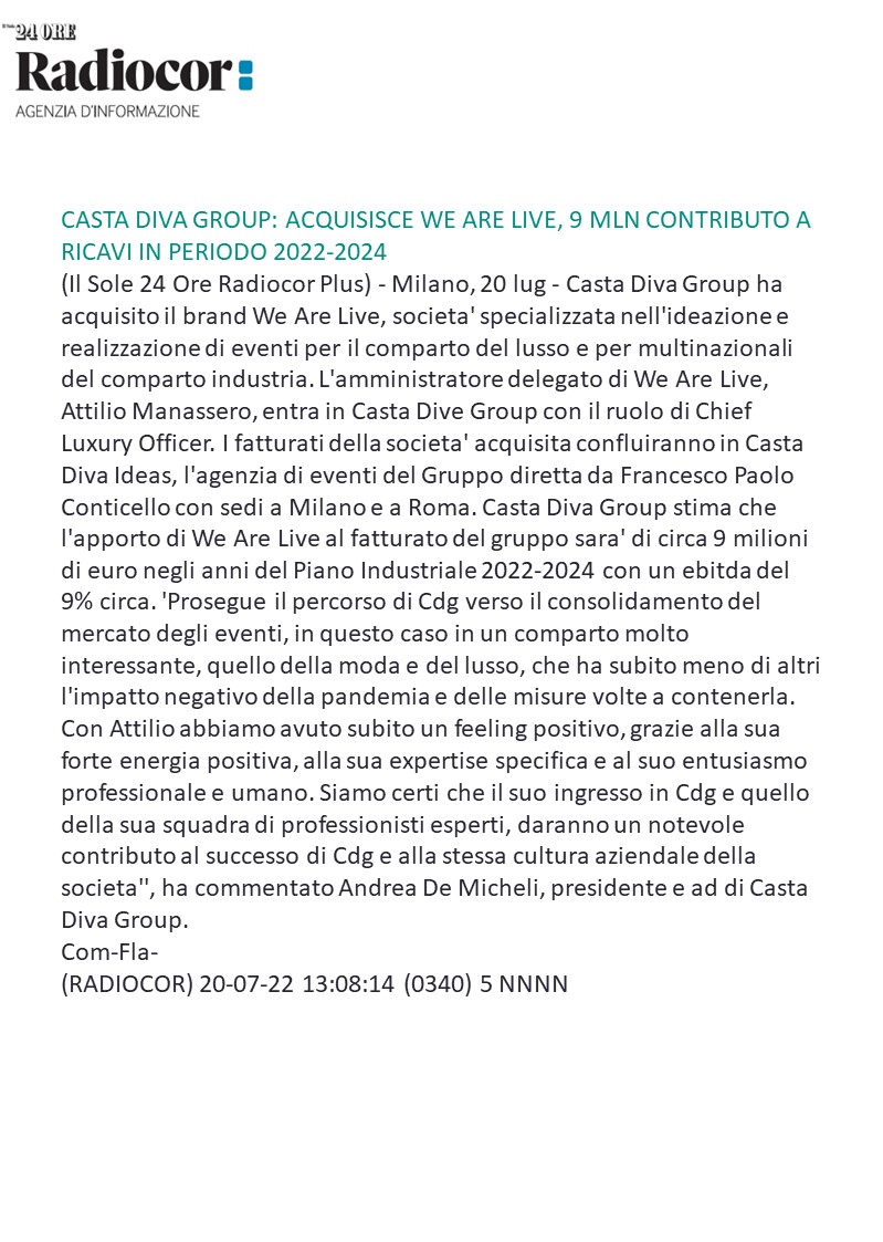 Casta Diva Group: acquisisce We Are Live, 9 mln contributo a ricavi in ...